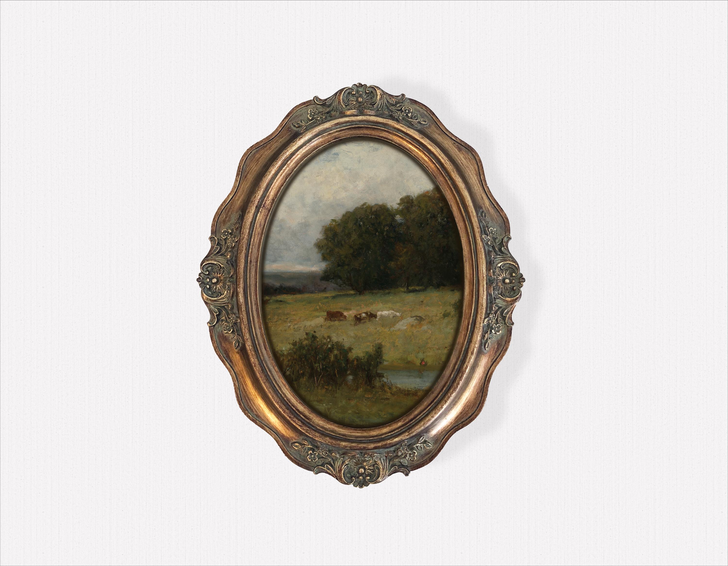 Unframed Oval Art Print, Vintage Cow Landscape Painting Print, Round ...