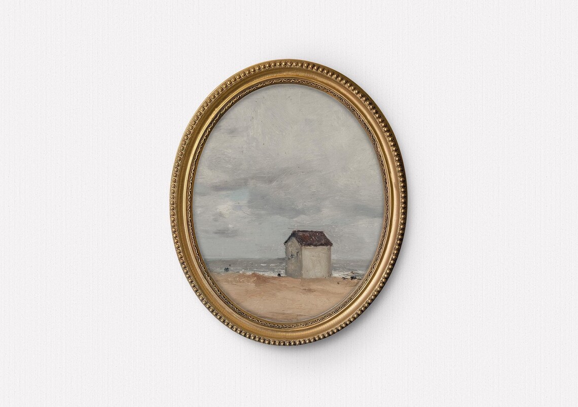 Oval Art Print, Vintage Beach Landscape Painting, Round Coastal Art ...