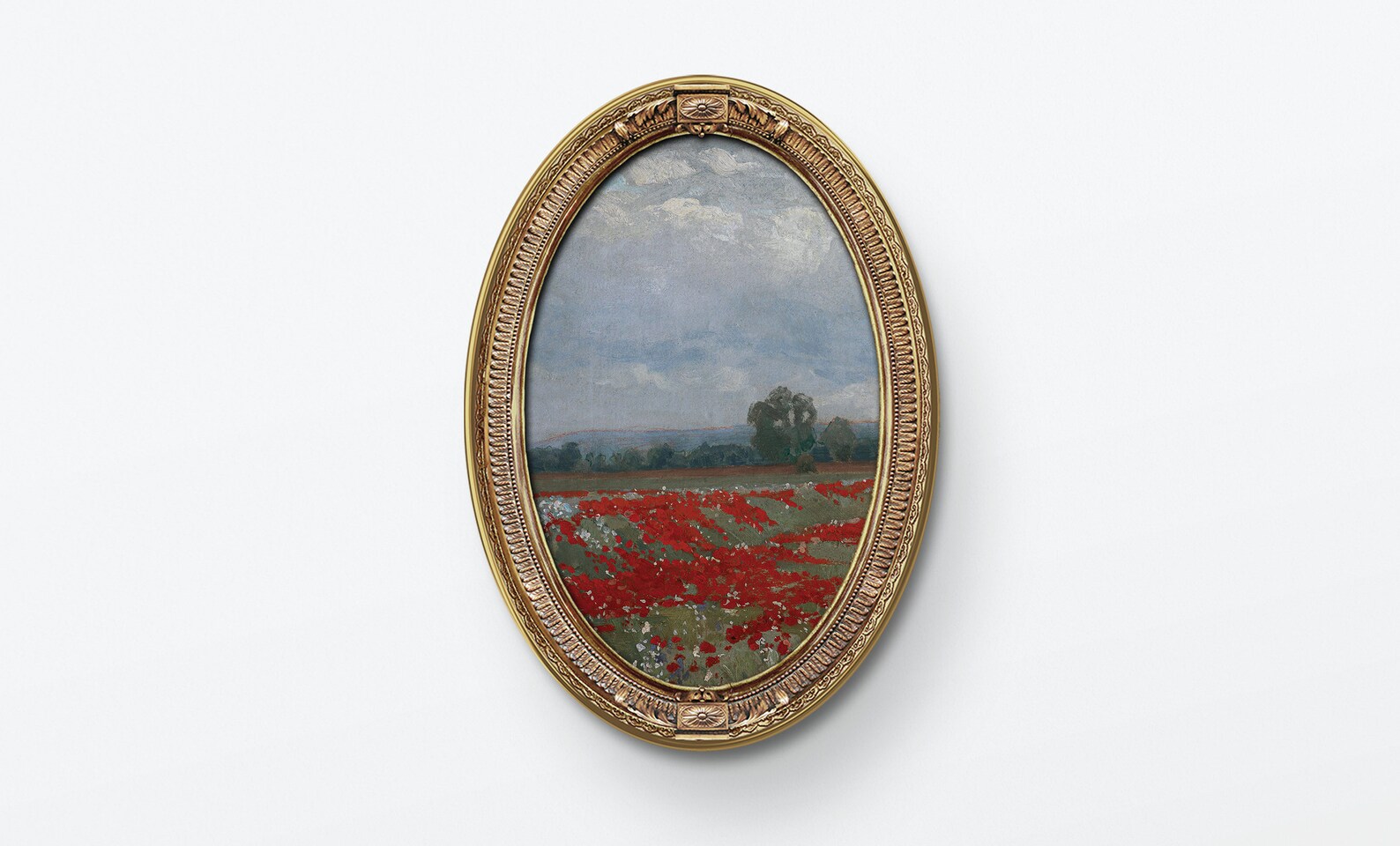 Oval Art Print, Vintage Landscape Painting, Round Flower Field Art ...
