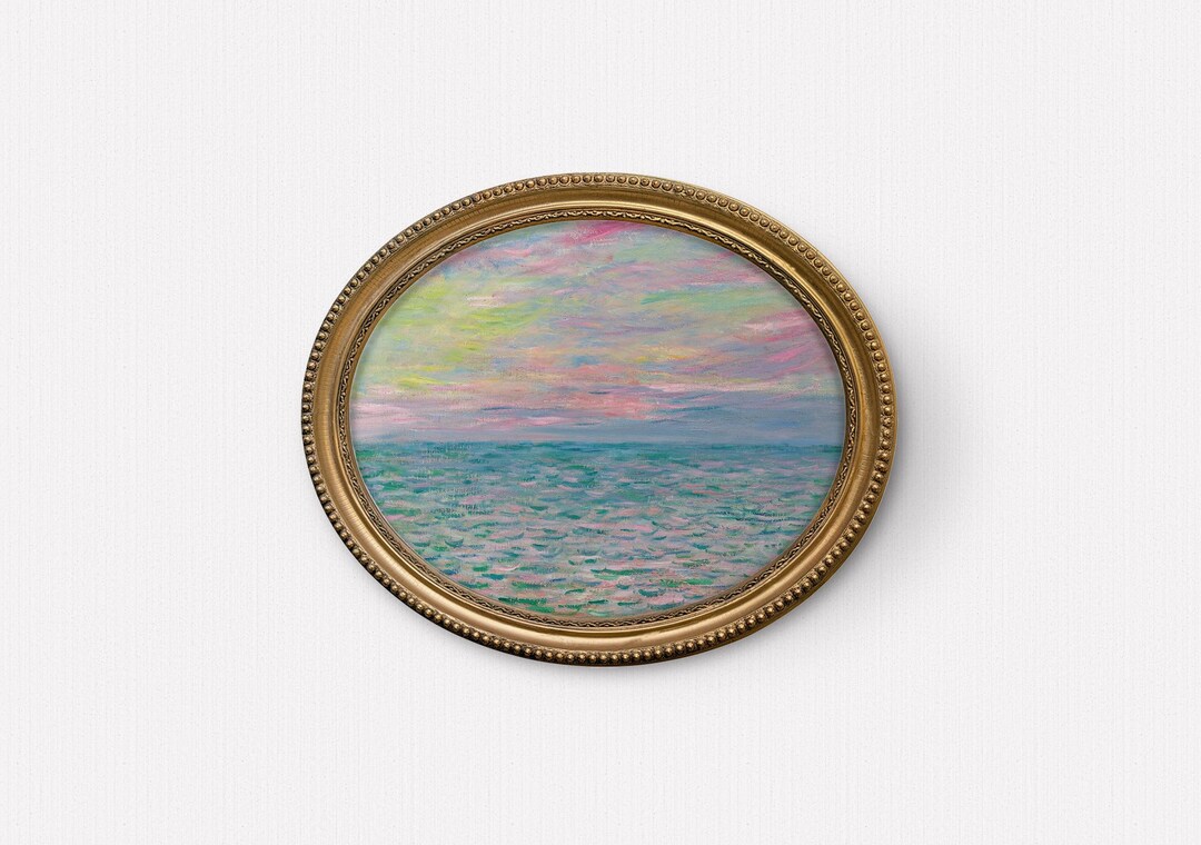 Oval Art Print, Vintage Coastal Sunset Painting, Round Ocean Art Print ...