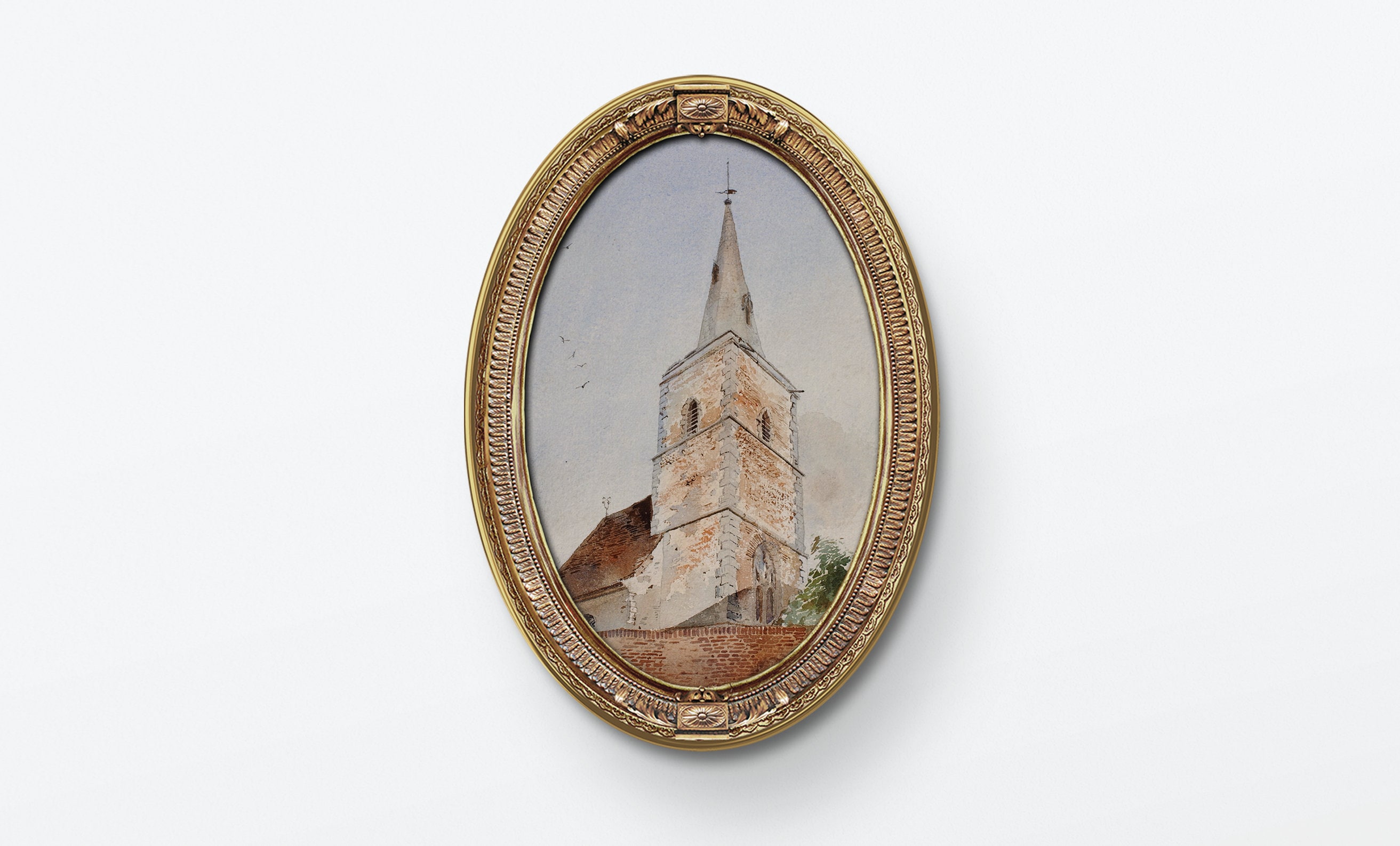 Oval Unframed Art Print, Vintage Church Painting Print, Round Art Print ...