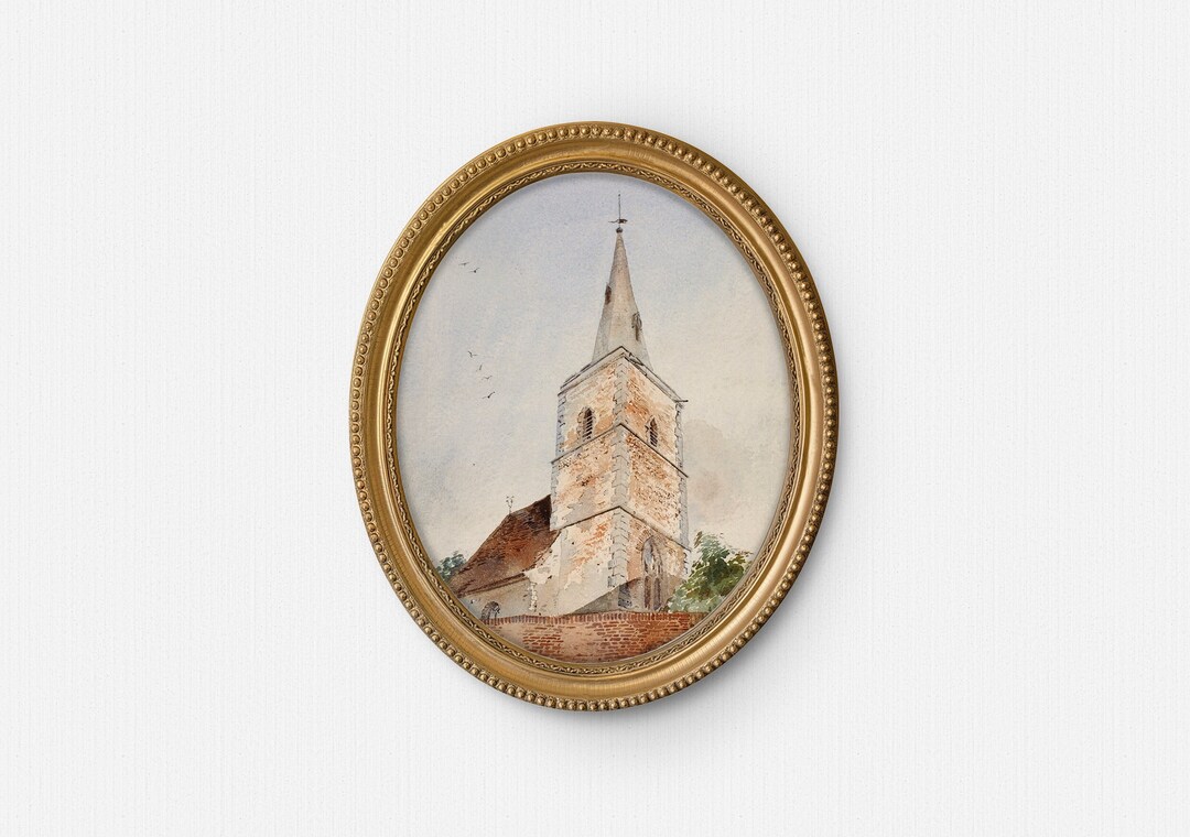 Oval Unframed Art Print, Vintage Church Painting, Round Art Print ...