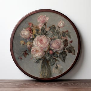 Round Unframed Art Print, Vintage Floral Painting, Circular Still Life ...