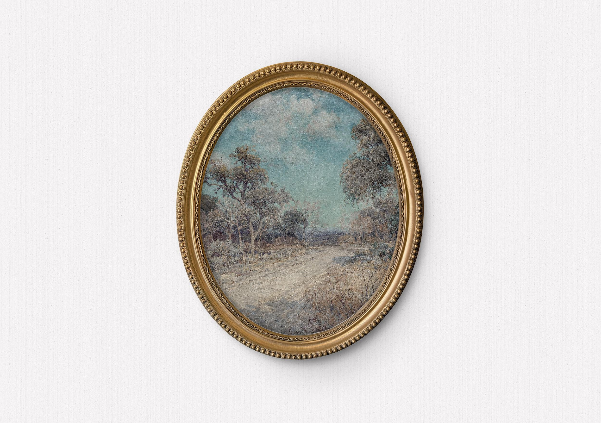 Oval Art Print, Vintage Nature Landscape Painting, Round Countryside ...