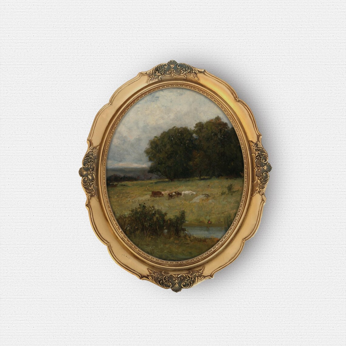 Unframed Oval Art Print, Vintage Cow Landscape Painting Print, Round ...
