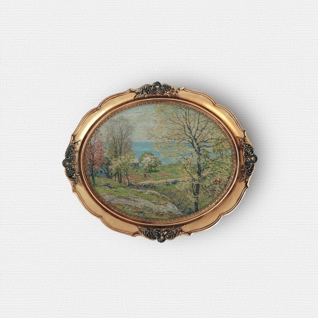 Oval Unframed Art Print, Vintage Lake Farm Landscape Painting, Round ...