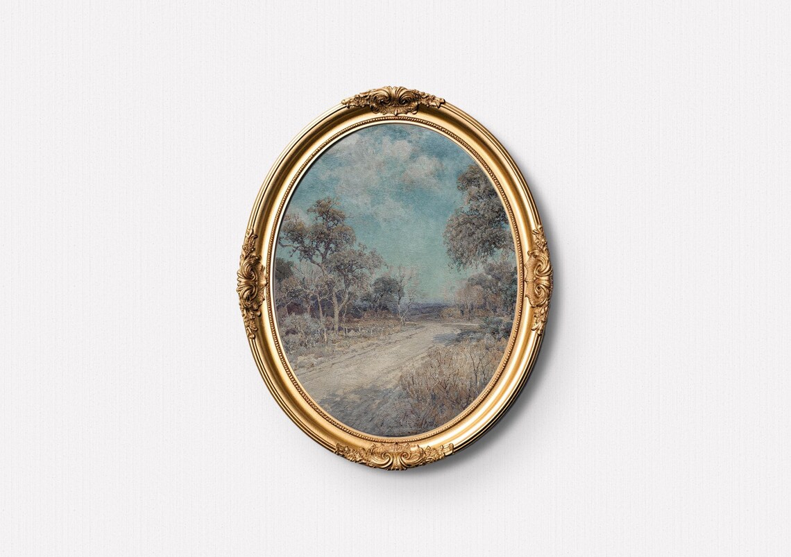 Oval Art Print, Vintage Nature Landscape Painting, Round Countryside ...