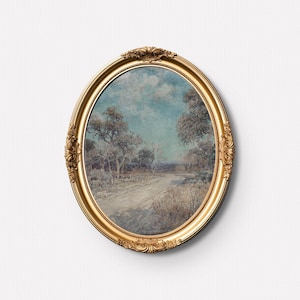 Oval Art Print, Vintage Nature Landscape Painting, Round Countryside ...
