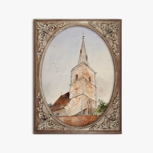 Oval Unframed Art Print, Vintage Church Painting Print, Round Art Print ...