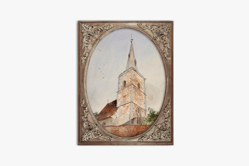 Oval Unframed Art Print, Vintage Church Painting Print, Round Art Print ...