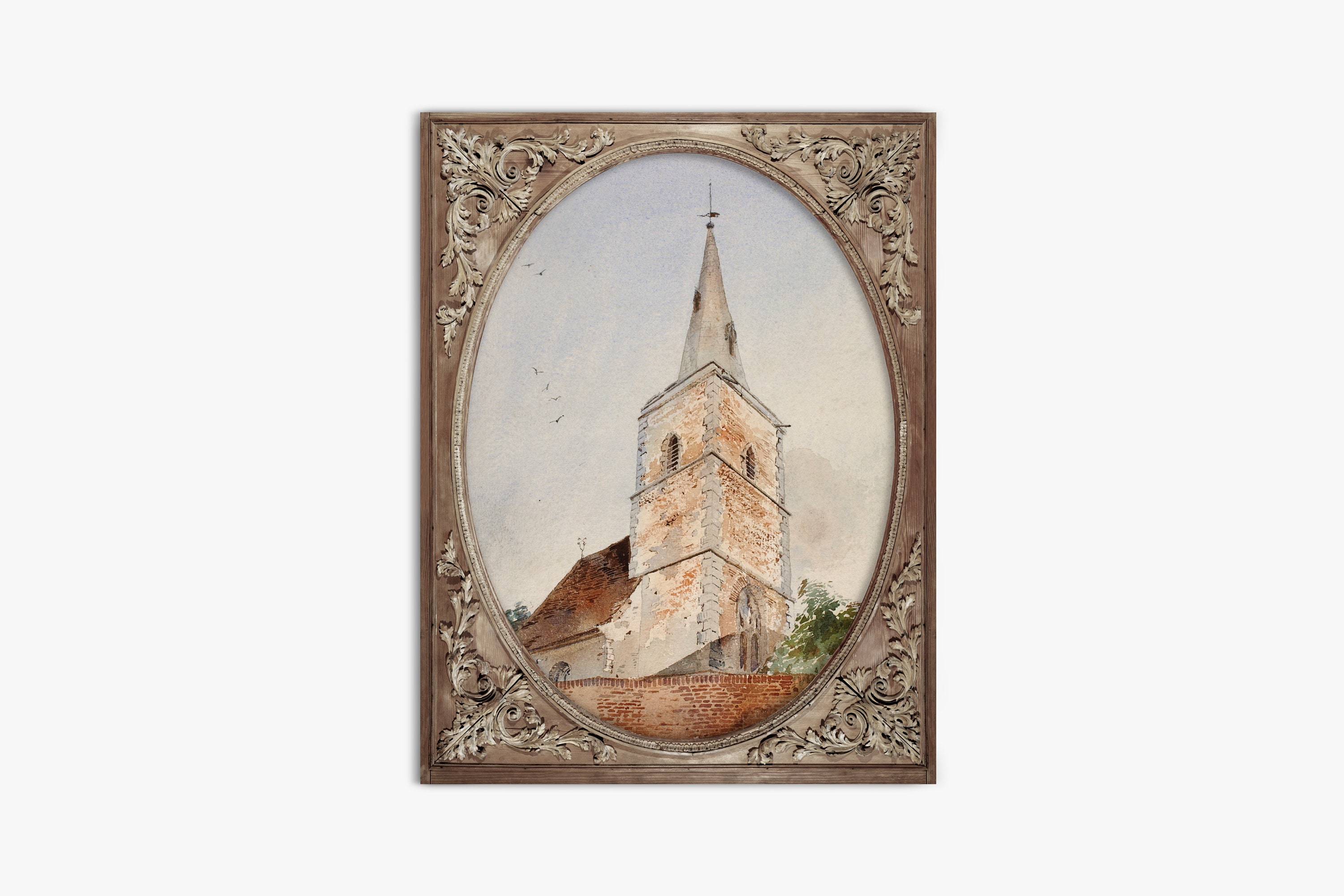 Oval Unframed Art Print, Vintage Church Painting Print, Round Art Print ...