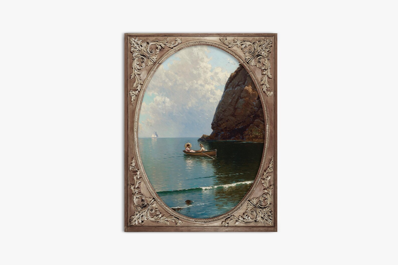 Oval Art Print, Vintage Coastal Landscape Painting, Round Canoe Art ...