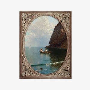 Oval Art Print, Vintage Coastal Landscape Painting, Round Canoe Art ...