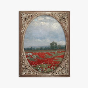 Oval Art Print, Vintage Landscape Painting, Round Flower Field Art ...