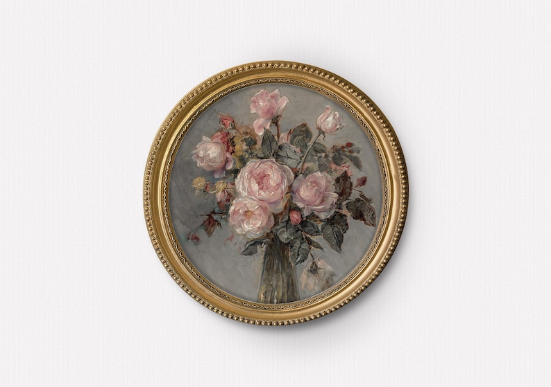 Round Unframed Art Print, Vintage Floral Painting, Circular Still Life ...
