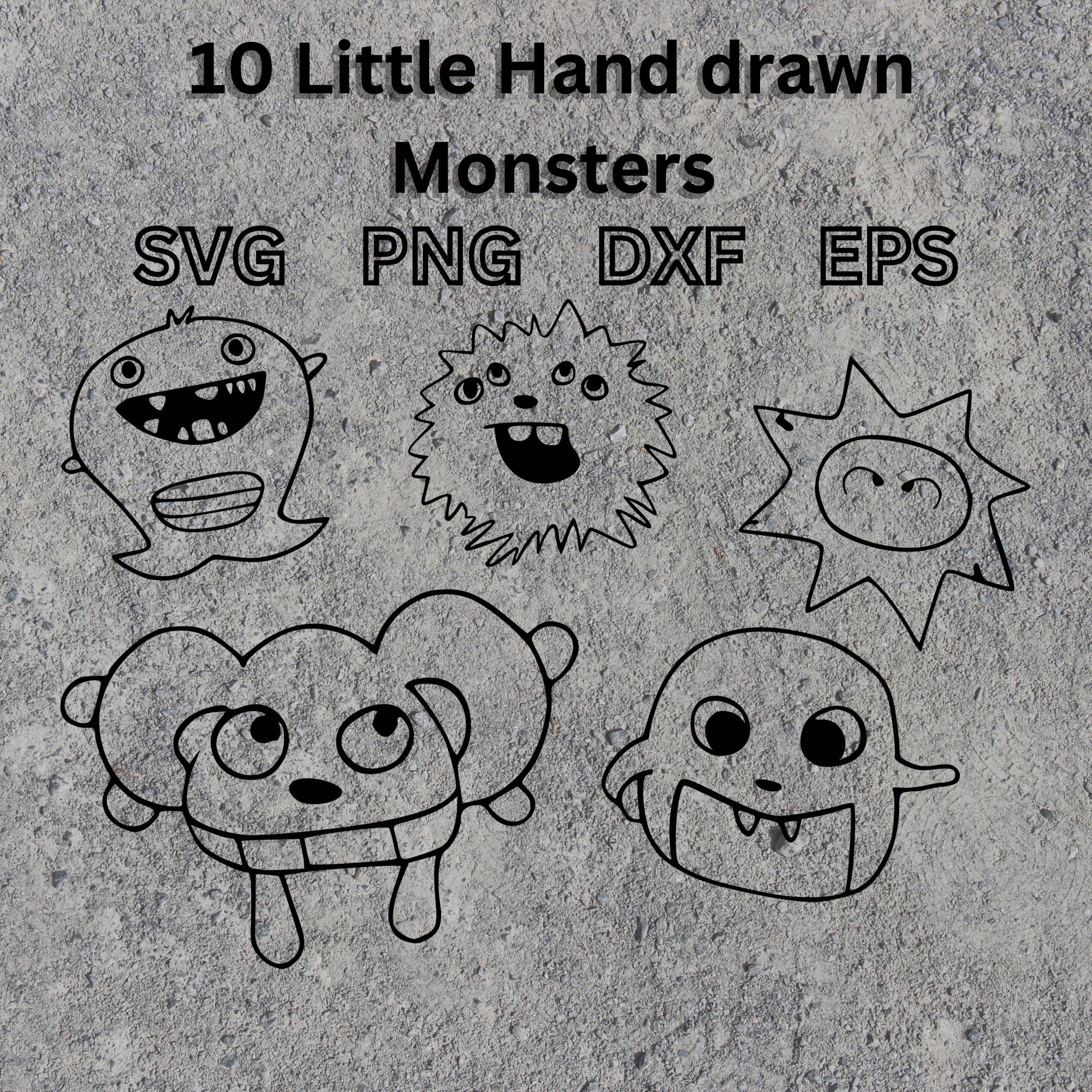 10 Hand Drawn Little MONSTERS Files SVG, PNG, Eps, Dxf. Quirky, Loving ...