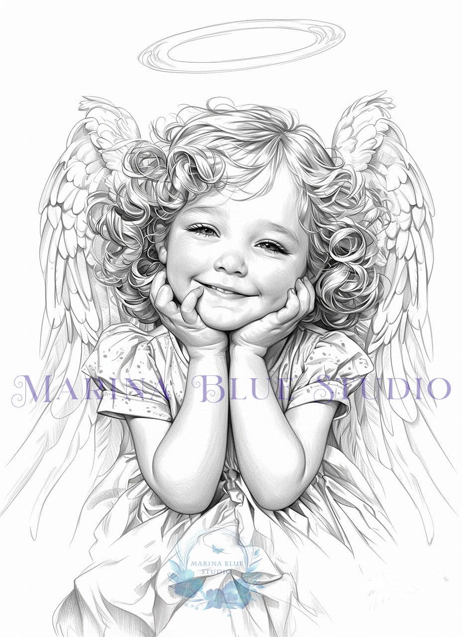 Smiling Angel - Coloring Page for Adults - Artwork by Marina Blue ...