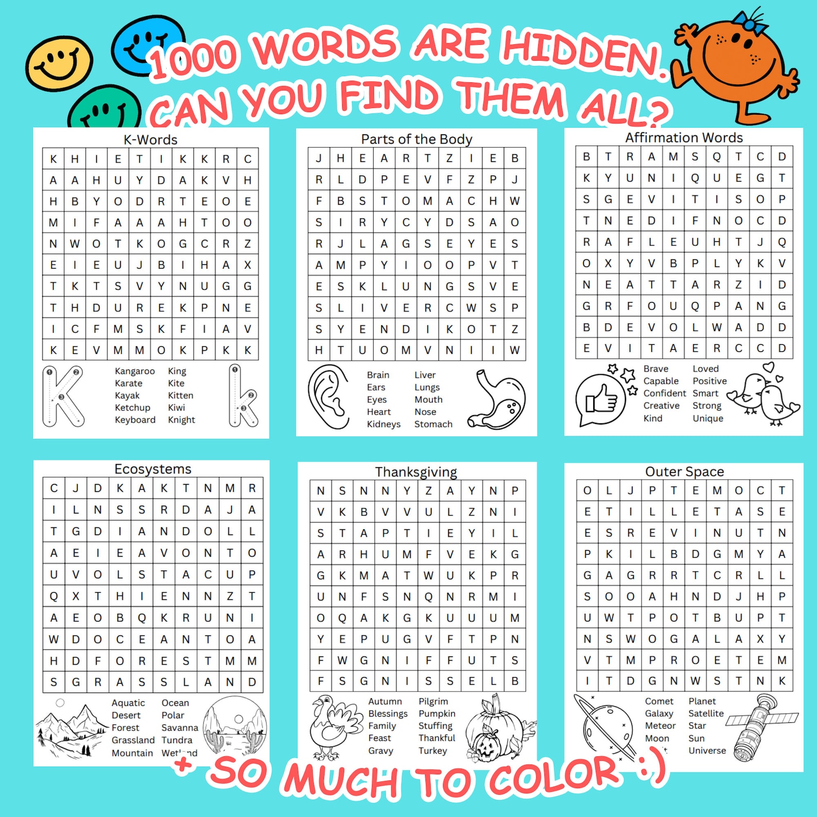 100 Word Search Puzzle Sheet 1000 Words Finding Game Template Kids Ages ...