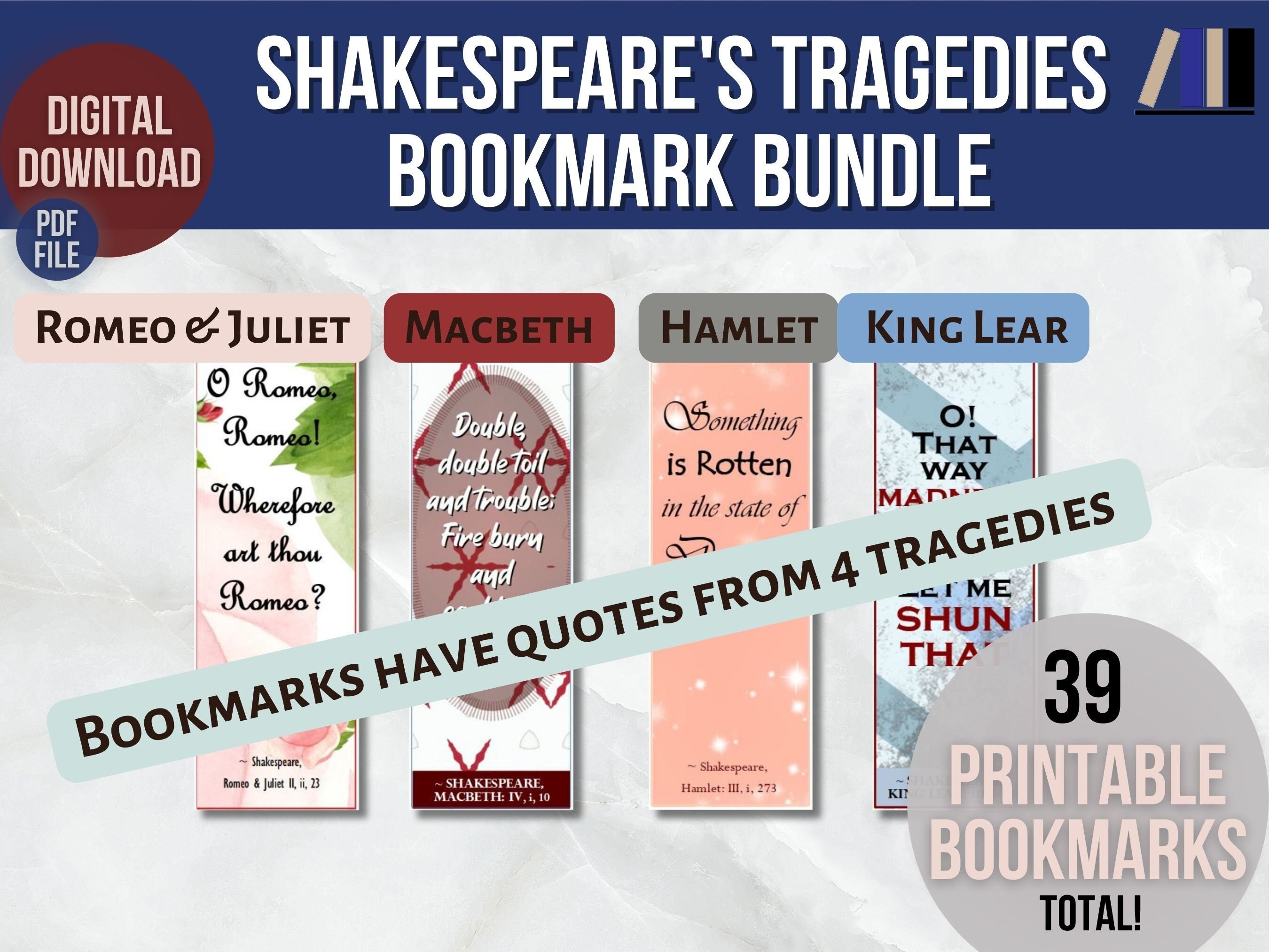 Shakespeare Bookmarks Tragedy Bundle, Book Club Gift, Shakespeare Gift ...