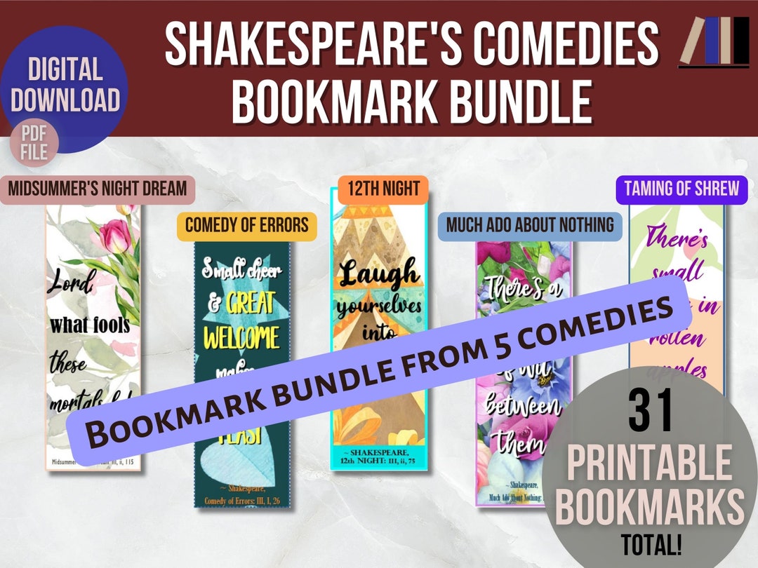 Shakespeare Bookmarks Comedy Bundle, Book Club Gift, Shakespeare Gift ...