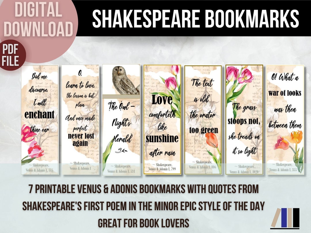 Shakespeare Bookmarks Venus & Adonis Quotes, Book Club Gift ...