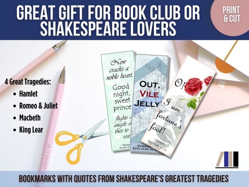 Shakespeare Bookmarks Tragedy Bundle, Book Club Gift, Shakespeare Gift ...