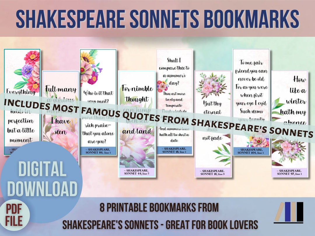 Shakespeare Bookmarks Sonnets Quotes, Book Club Gift, Shakespeare Gift ...