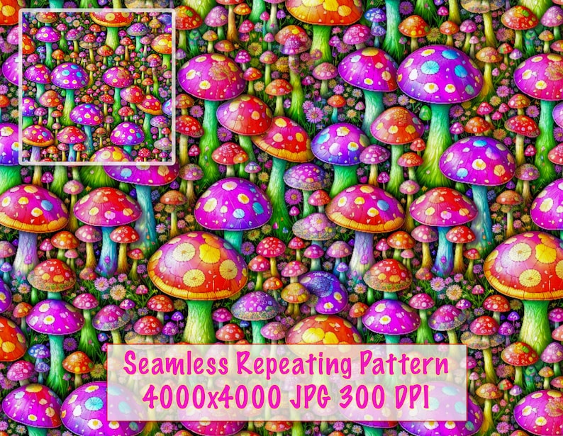 Digital Download for Commercial Use: Colorful Magic Mushroom Pattern for Fabric and Tiling ...