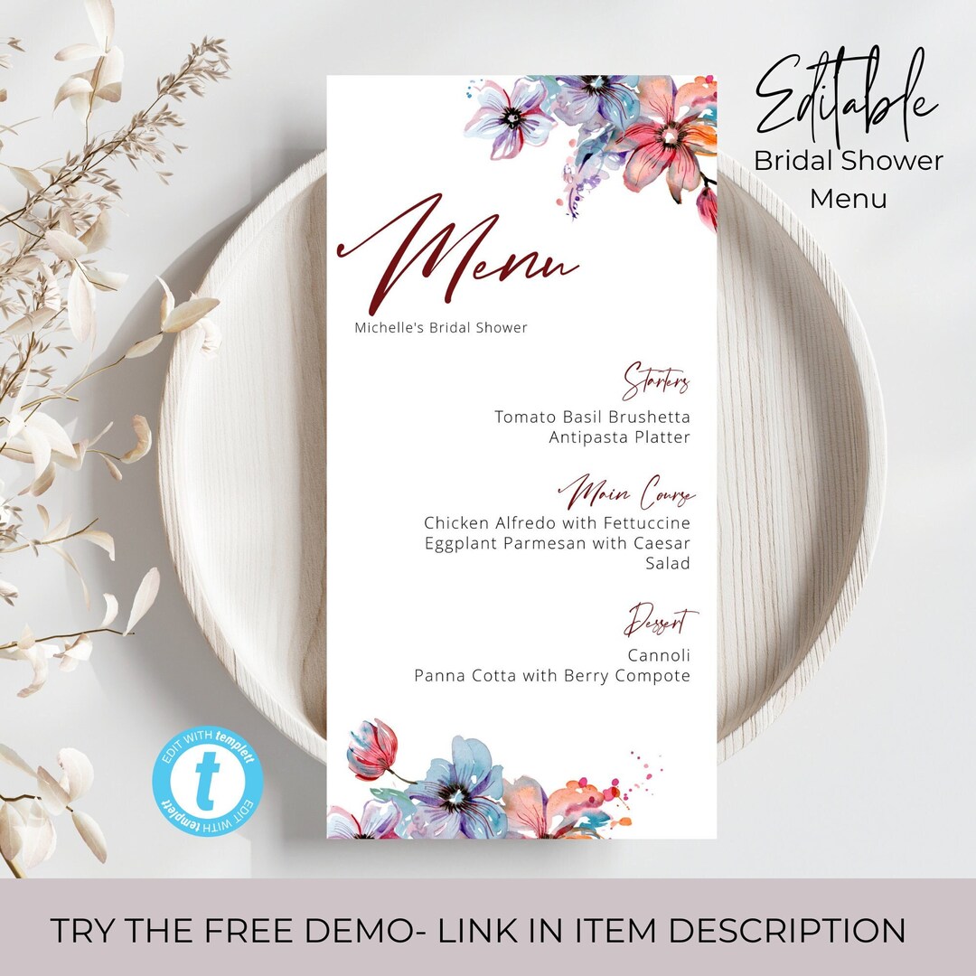 Floral Bridal Shower Menu, Bridal Shower Editable Menu, Floral ...