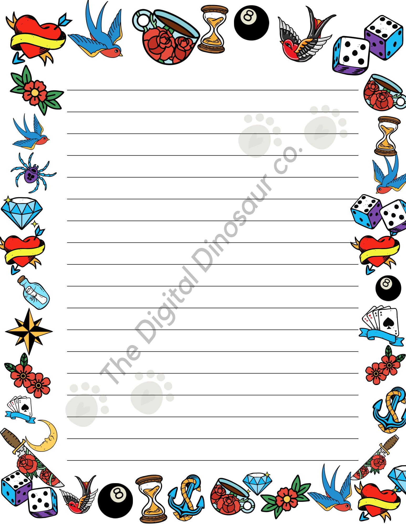 Punk Tattoo Writing Paper, Lined Paper, Colourful Note Paper, Alt ...