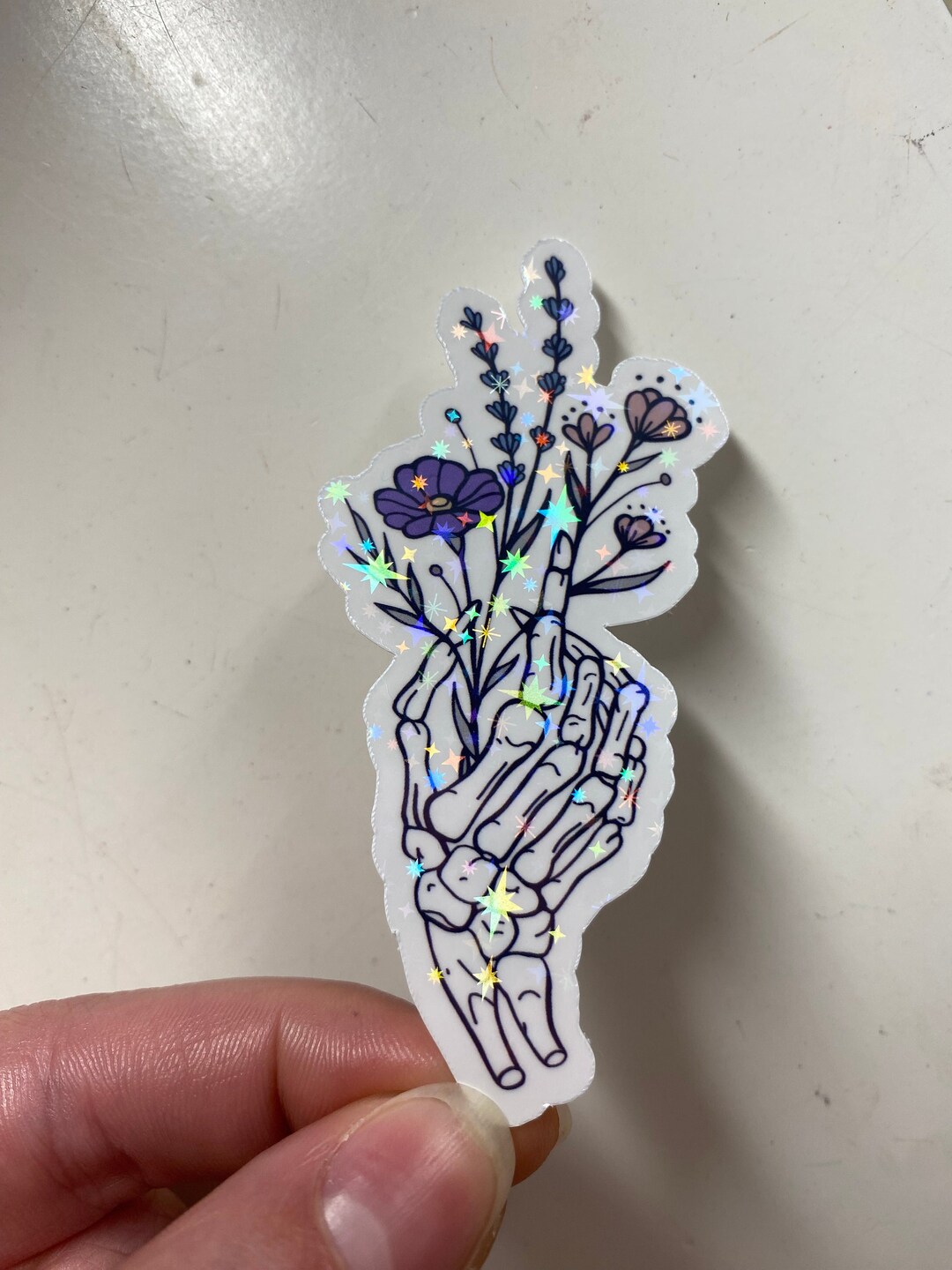 Holographic Floral Skeleton Hand Sticker, Waterproof Vinyl, Laptop ...