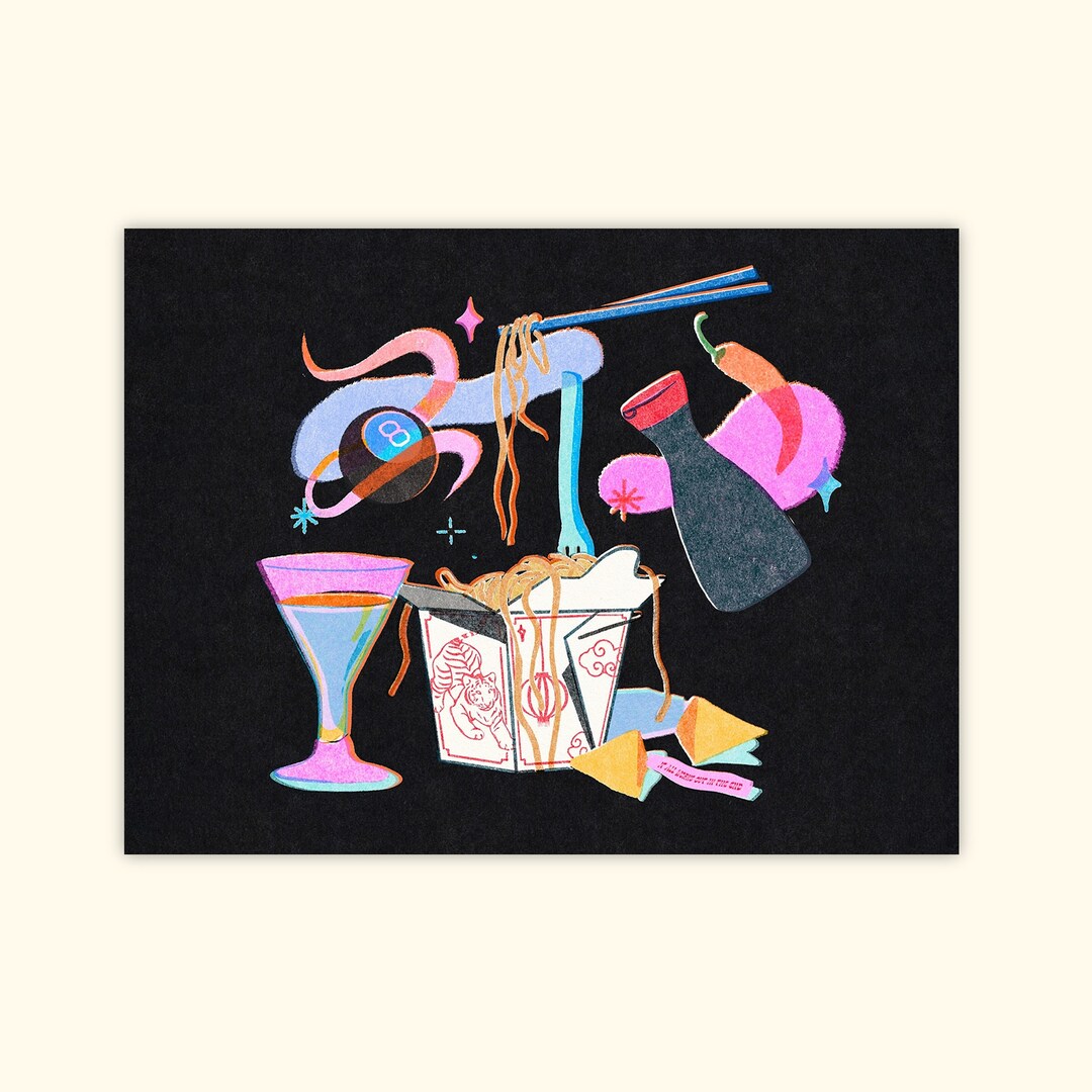 Takeout Night Risograph Print black, Wall Decor for Dining Room ...