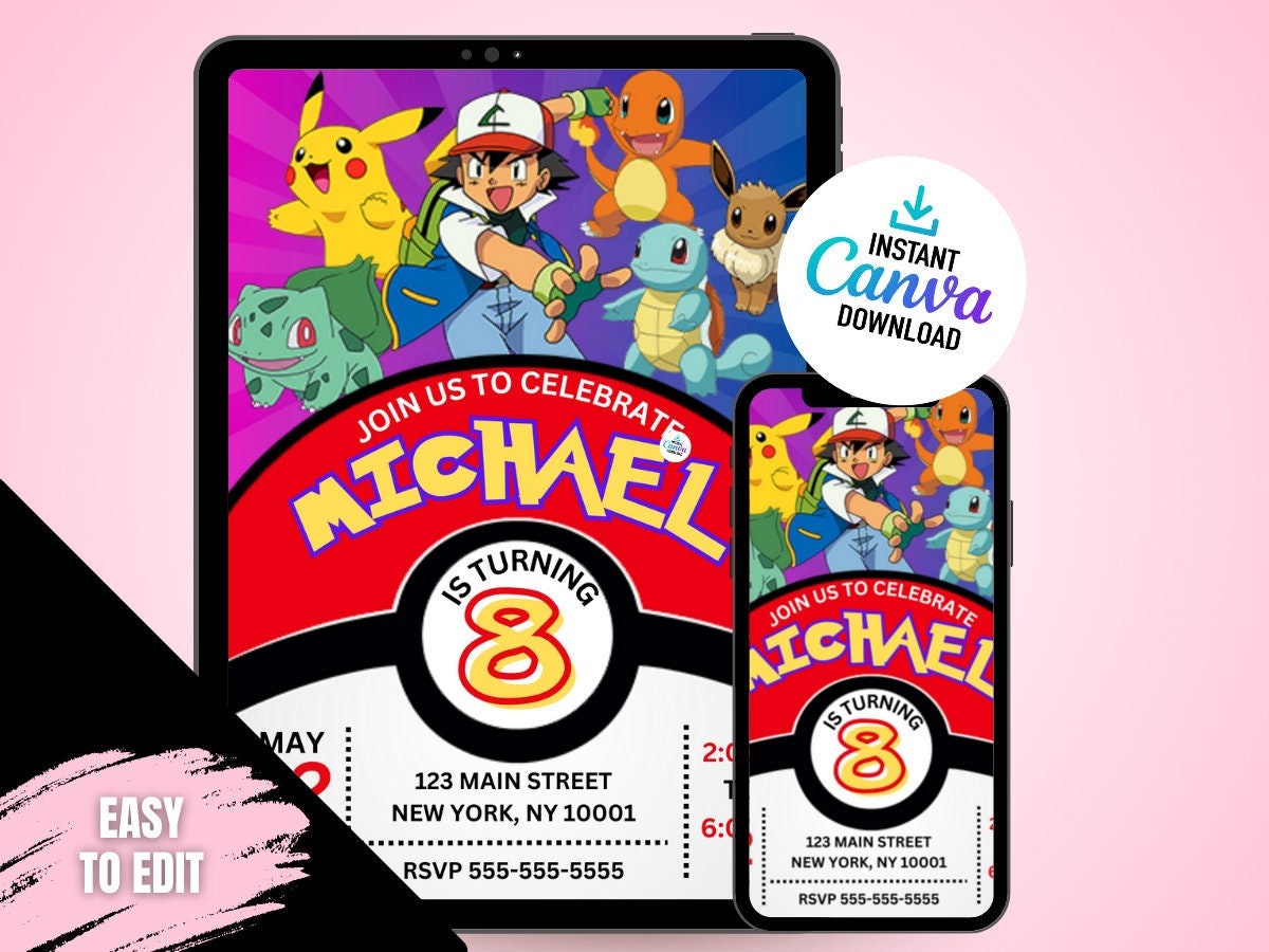 Pokemon Birthday Invite Digital Download Editable in Canva Printable ...