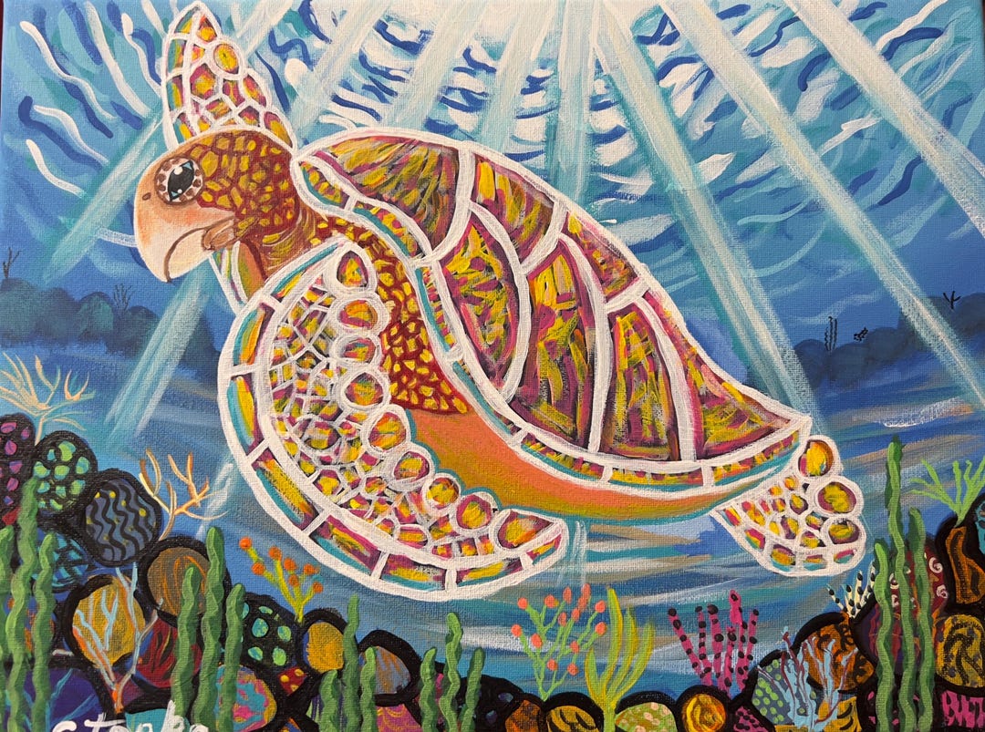 Whimsical Sea Turtle Painting. 12”X16” Stretched Canvas. Hand Painted ...