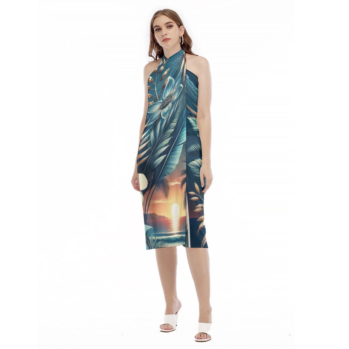 Hibiscus Sunset Tropical Beach Halter Dress Summer Maxi Dress Eco ...