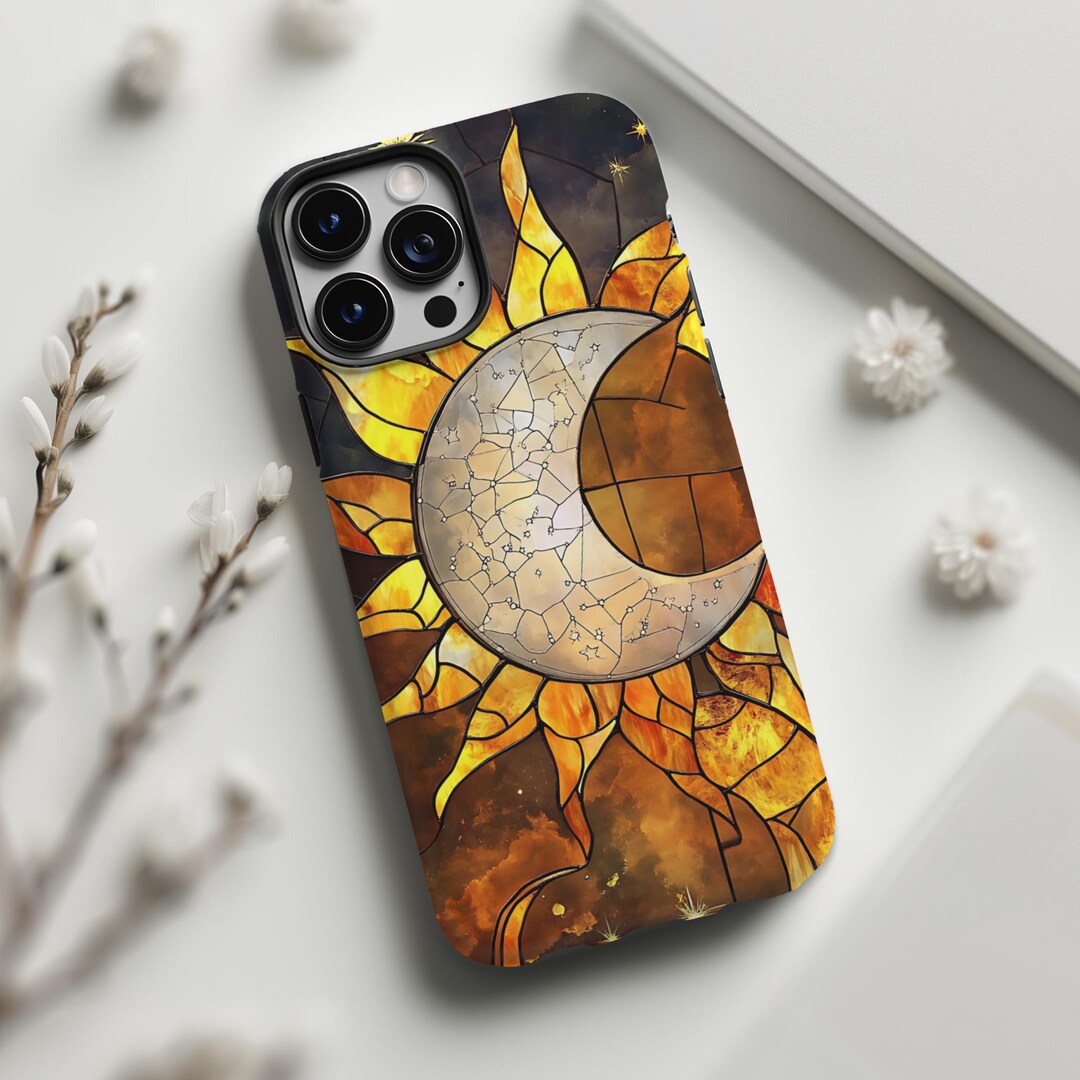 Celestial Starry Night Sky Phone Case, 3D Faux Stained Glass Sun Moon ...