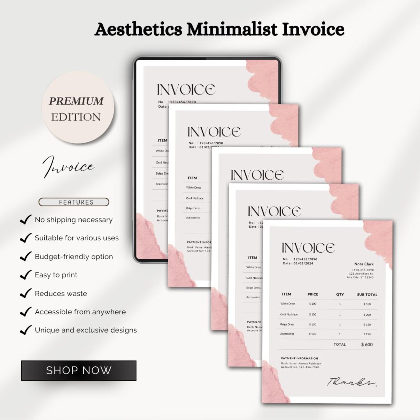Watercolor Fashion Invoice Printable, Invoice Template, Business ...