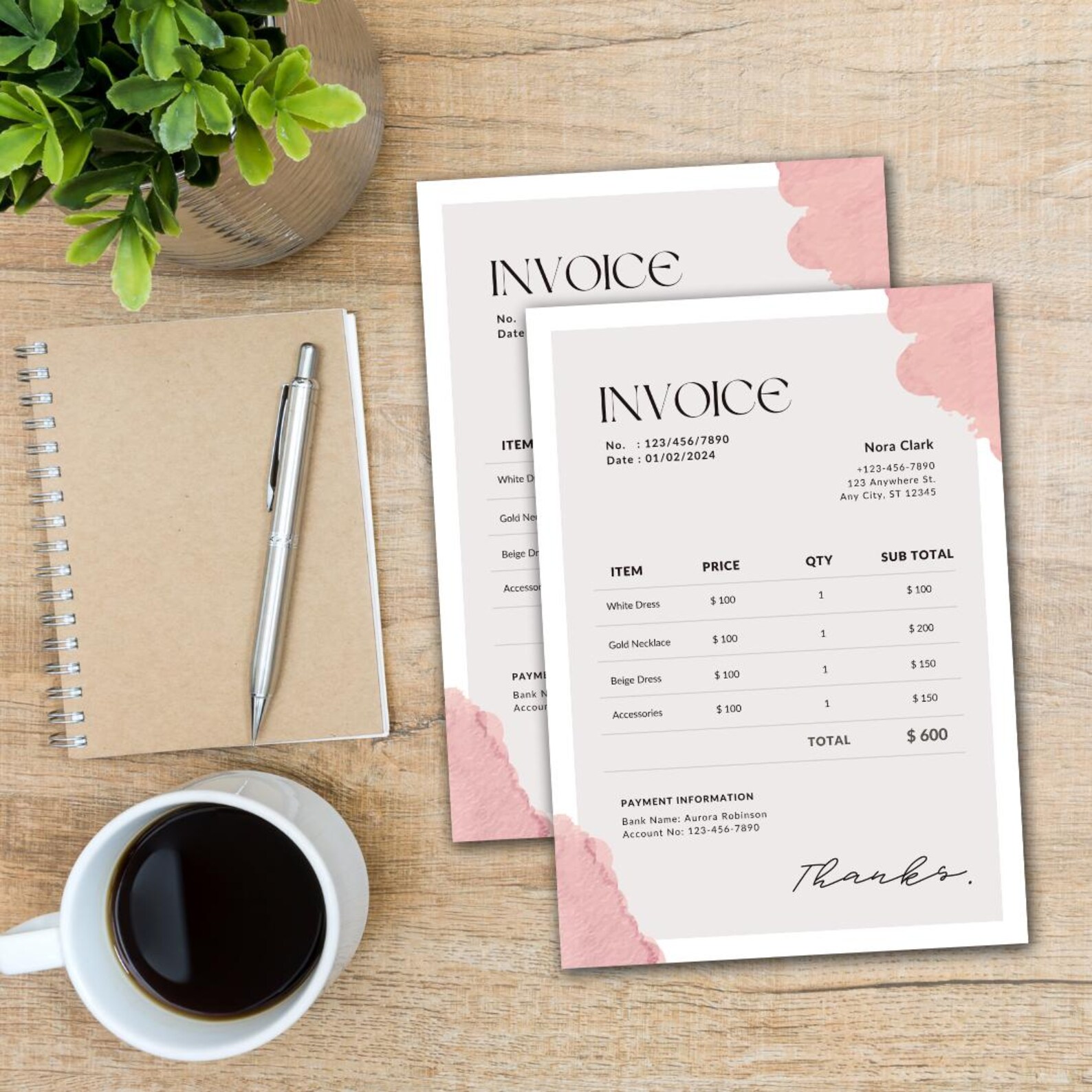 Watercolor Fashion Invoice Printable, Invoice Template, Business ...