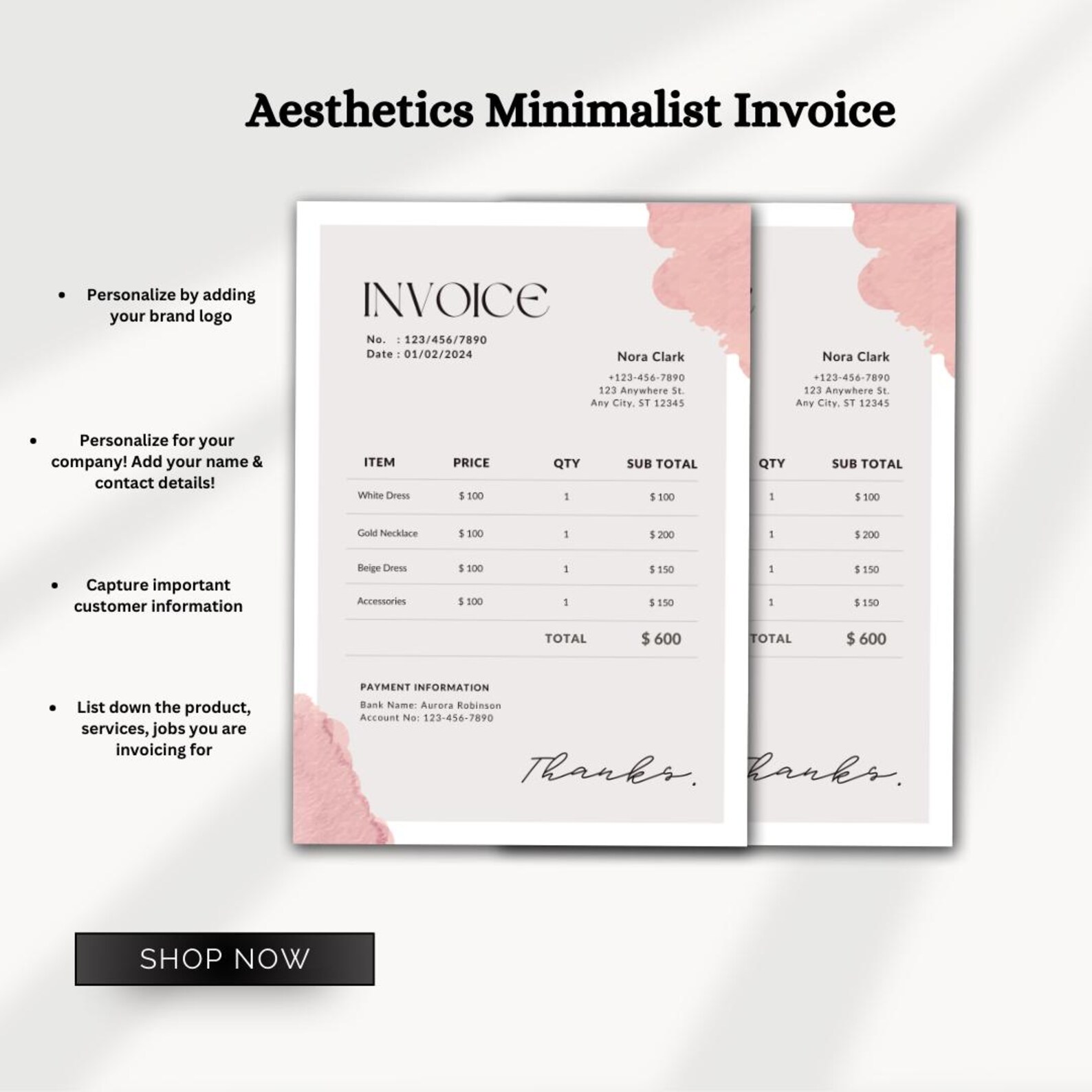 Watercolor Fashion Invoice Printable, Invoice Template, Business ...