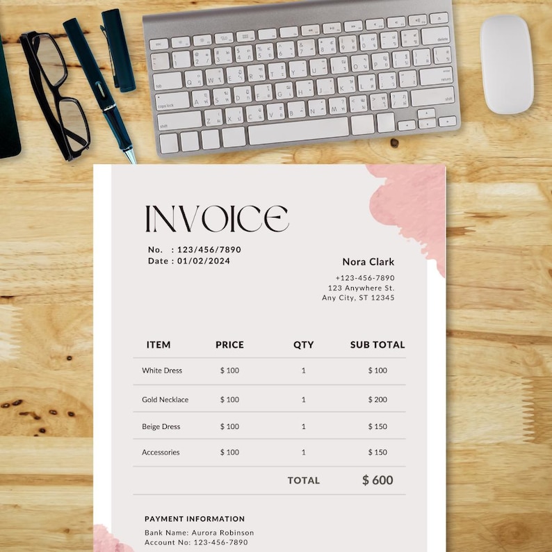 Watercolor Fashion Invoice Printable, Invoice Template, Business ...