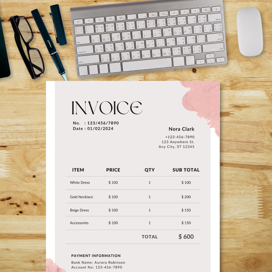 Watercolor Fashion Invoice Printable, Invoice Template, Business ...