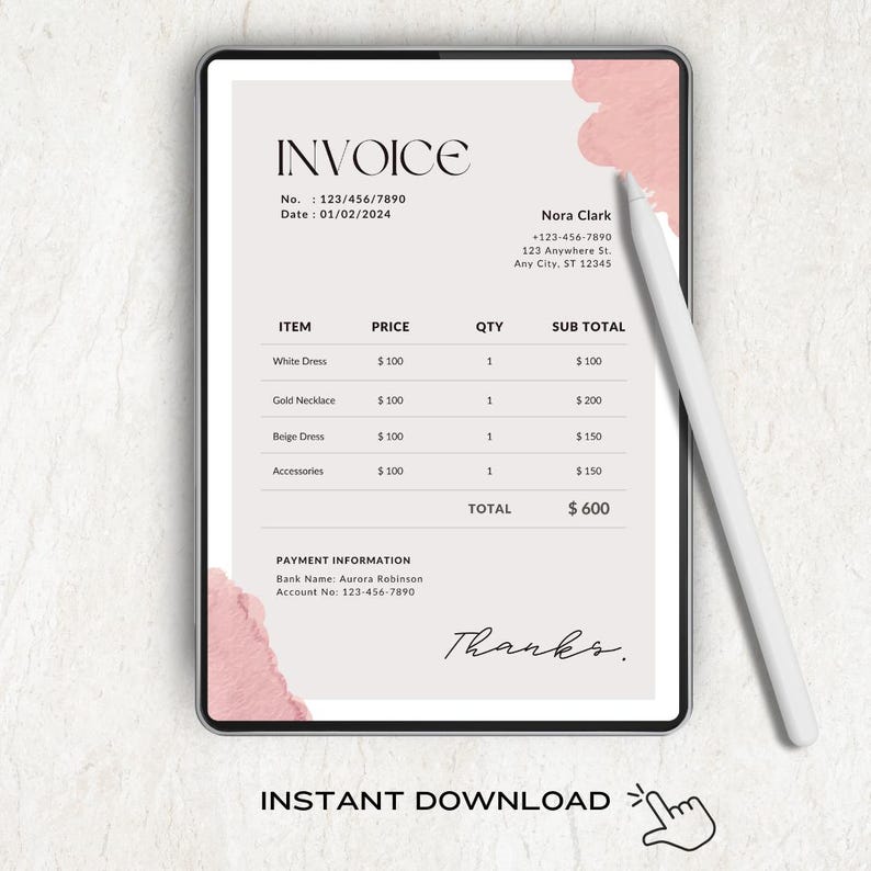 Watercolor Fashion Invoice Printable, Invoice Template, Business ...