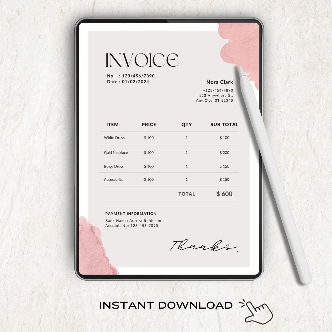 Watercolor Fashion Invoice Printable, Invoice Template, Business ...