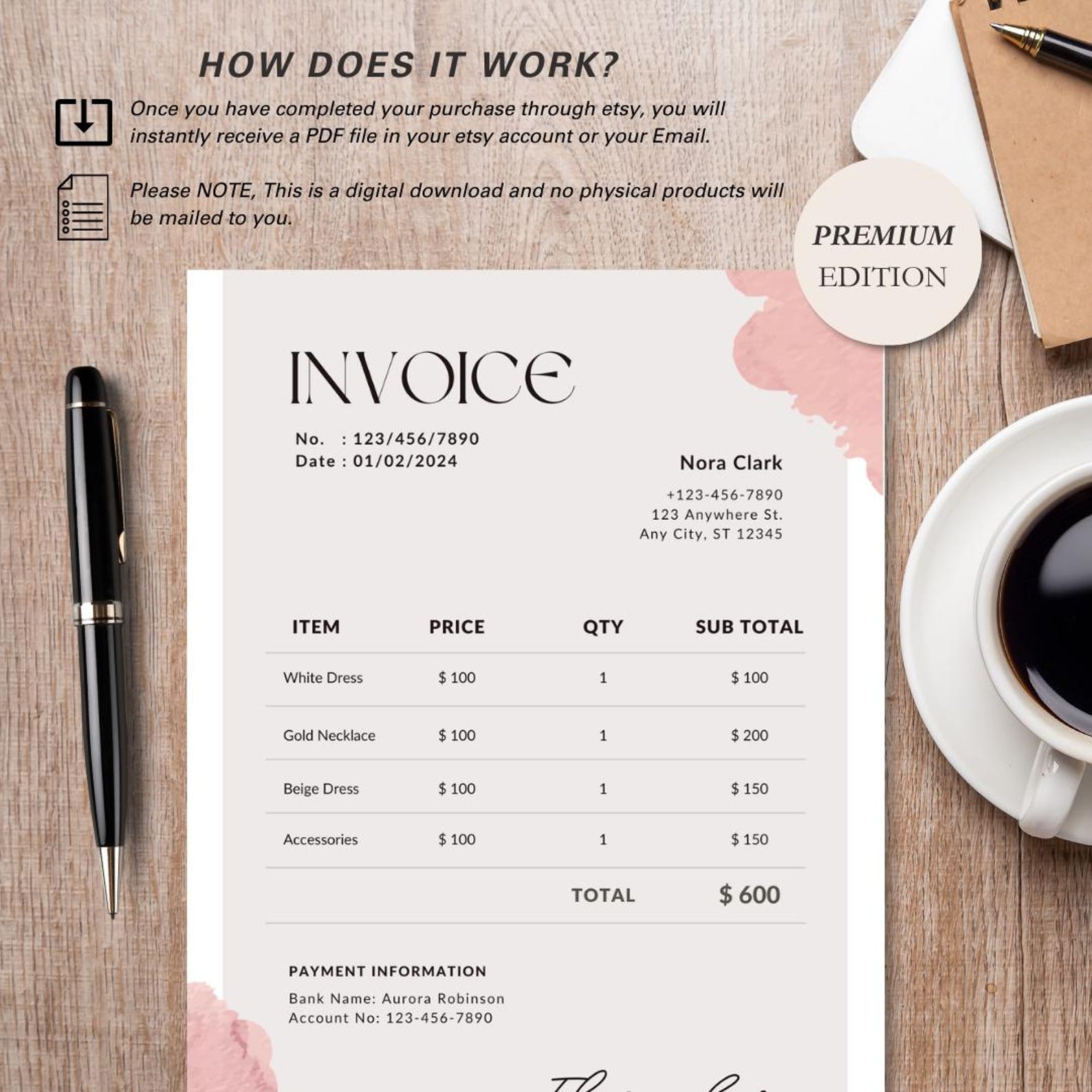 Watercolor Fashion Invoice Printable, Invoice Template, Business ...