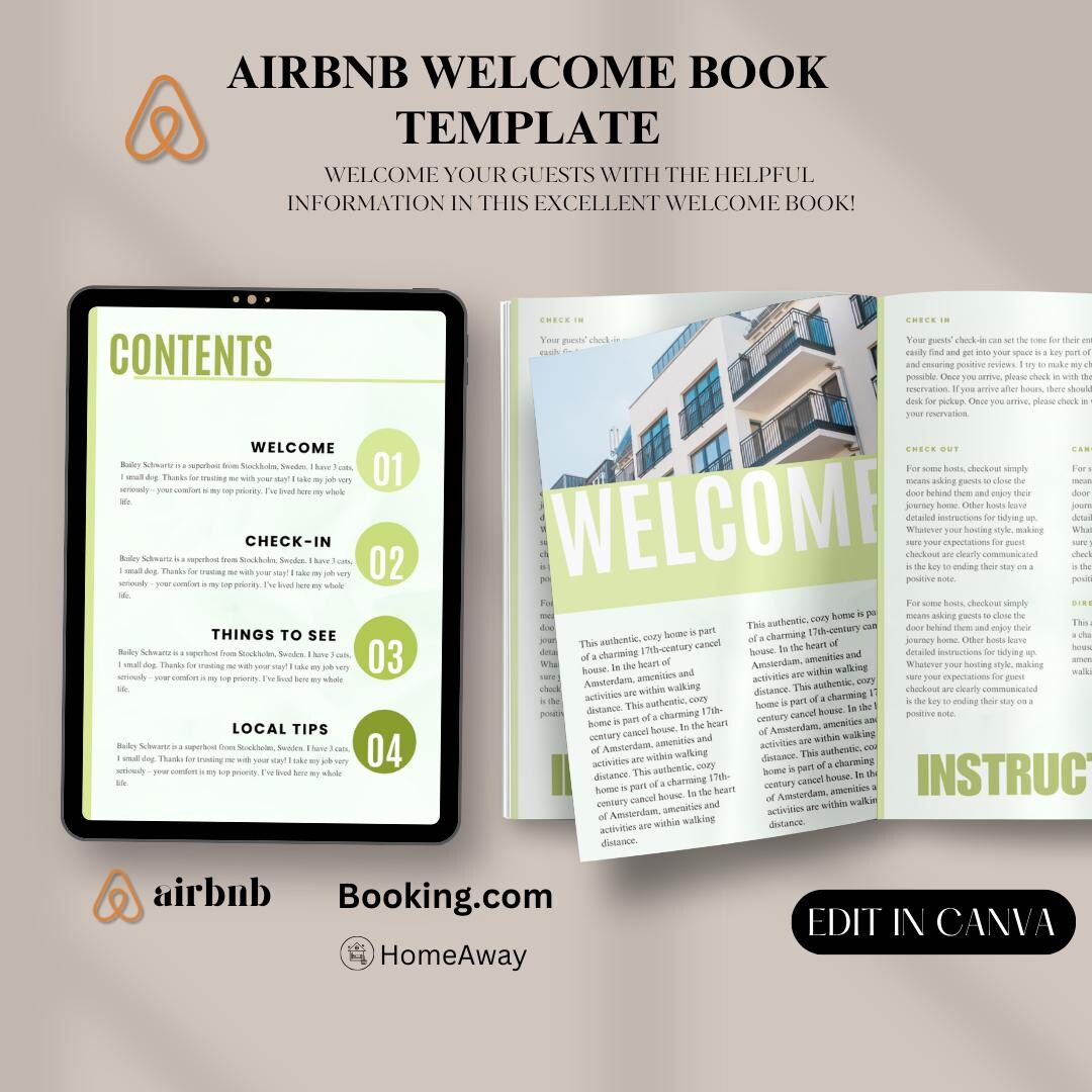 Green Airbnb Welcome Packet, Guest Information Binder, House Rules Book ...
