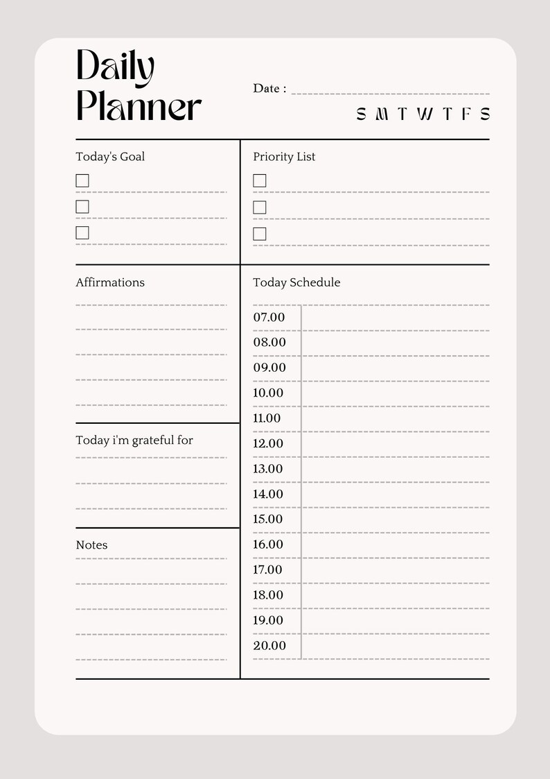 One Page Daily Planner Digital Download Schedule Your Day - Etsy