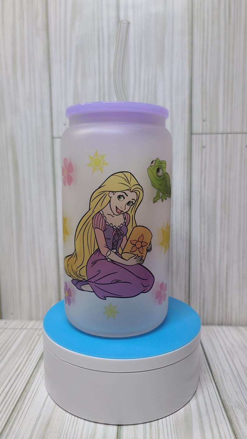 Princess Inspired Rapunzel 16oz Frosted Glass Cup With Purple Lid and ...