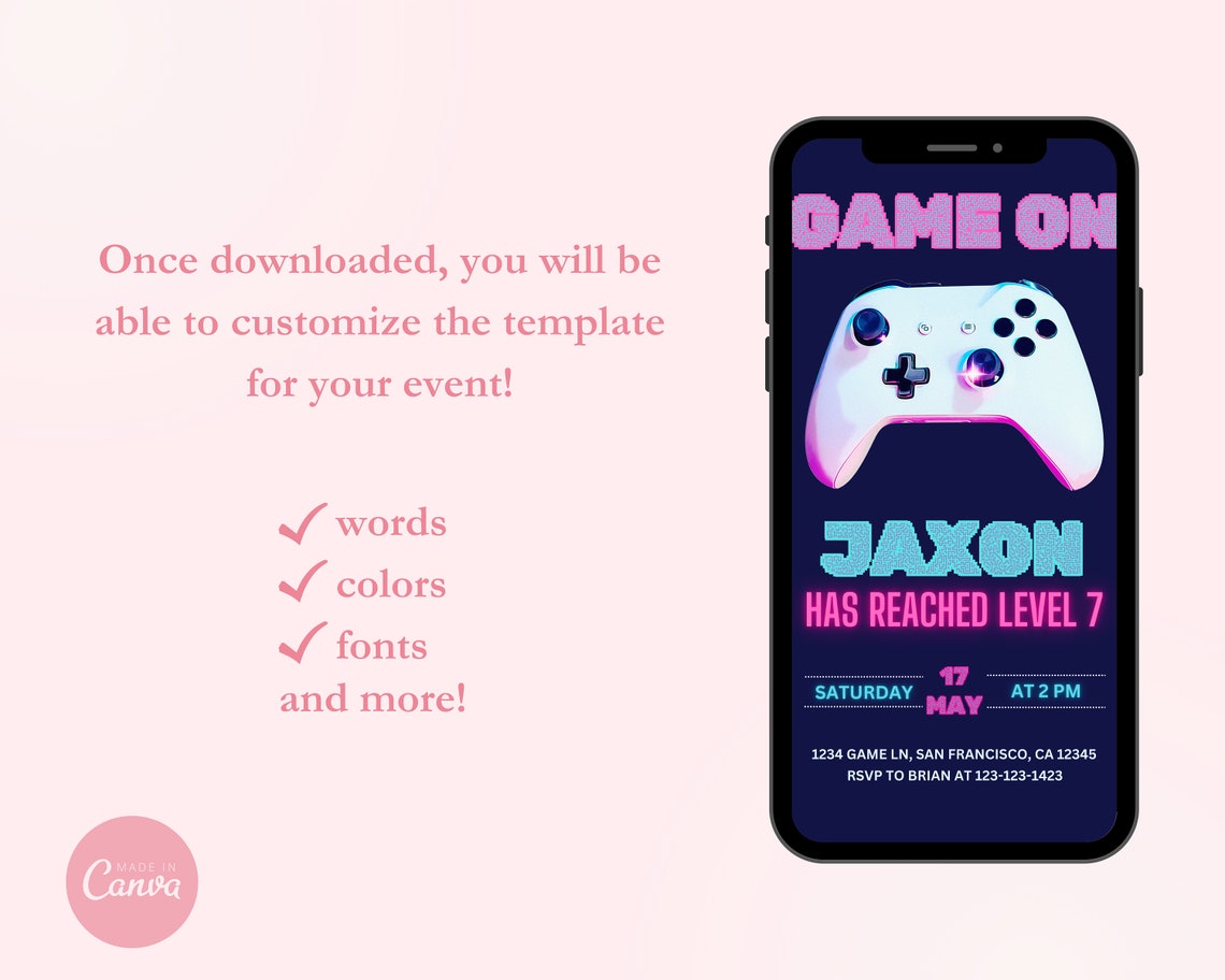 Editable Video Game Party Invitation, Video Game Invitation, Neon Glow ...