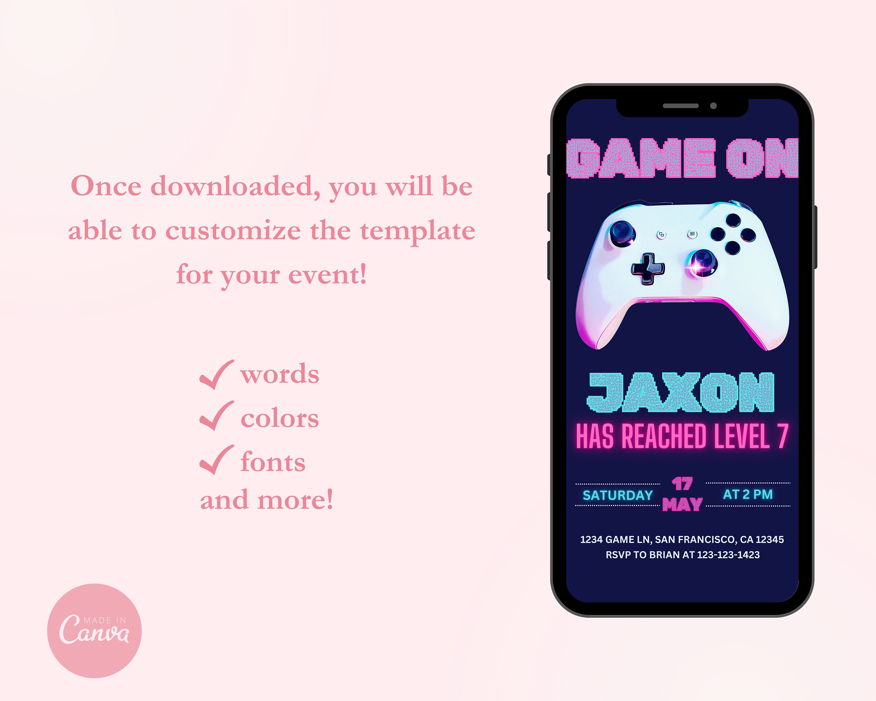 Editable Video Game Party Invitation, Video Game Invitation, Neon Glow ...