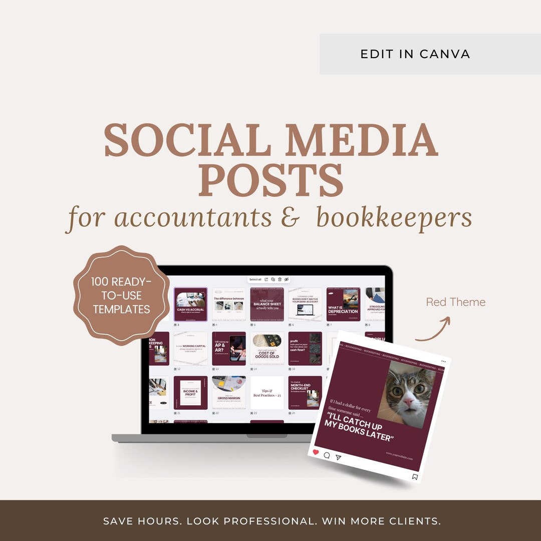 Red Bookkeeper Social Media Templates: Canva Editable Content Pack for ...